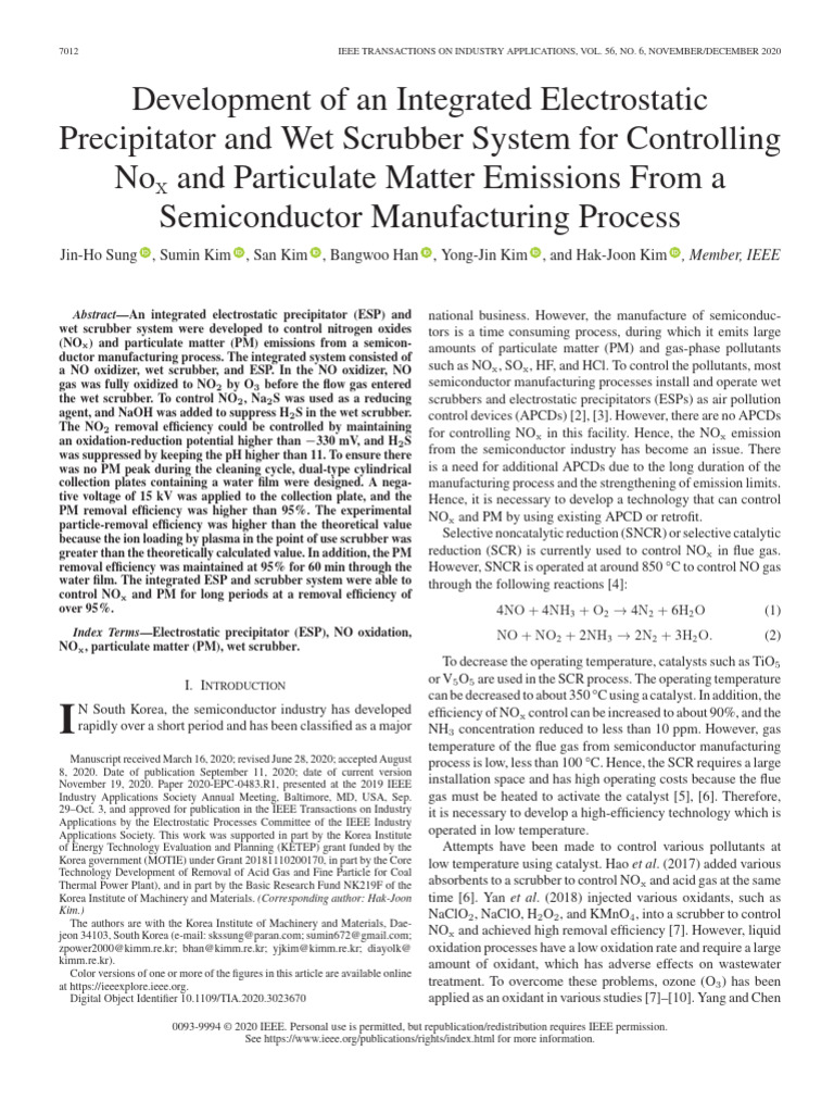 Development of an Integrated Electrostatic Precipitator and Wet ...