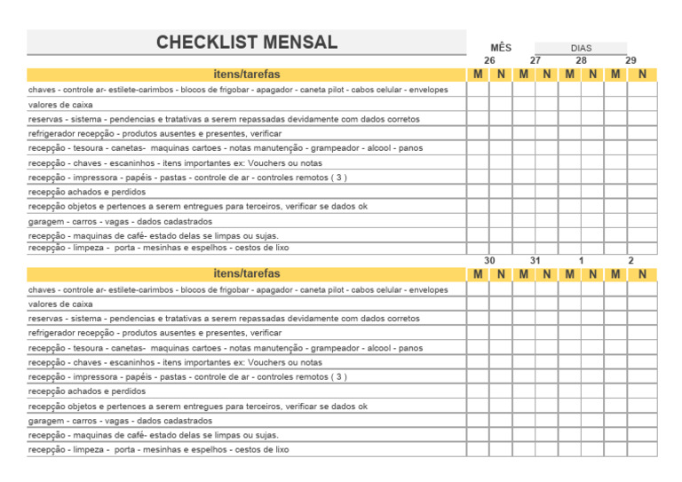 Checklist Mensal de Itens e Tarefas | PDF