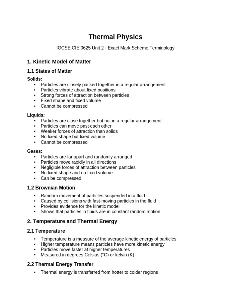IGCSE Thermal Physics Mark Scheme Guide | PDF | Gases | Temperature