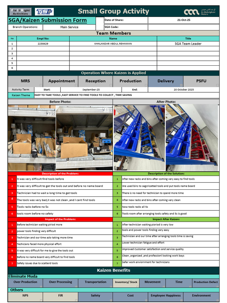 Kaizen Submission Form for Tool Efficiency | PDF | Business | Secondary ...