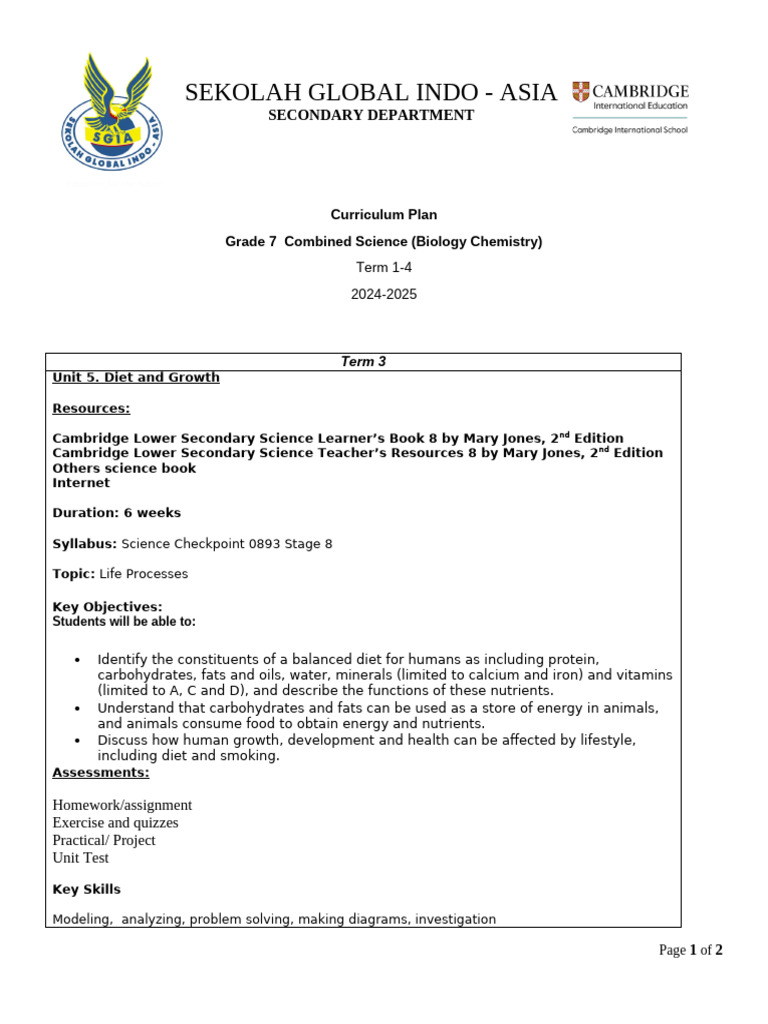 Curriculum Plan Grade 7 Combined Science Biology Chemistry - Semester 2 ...