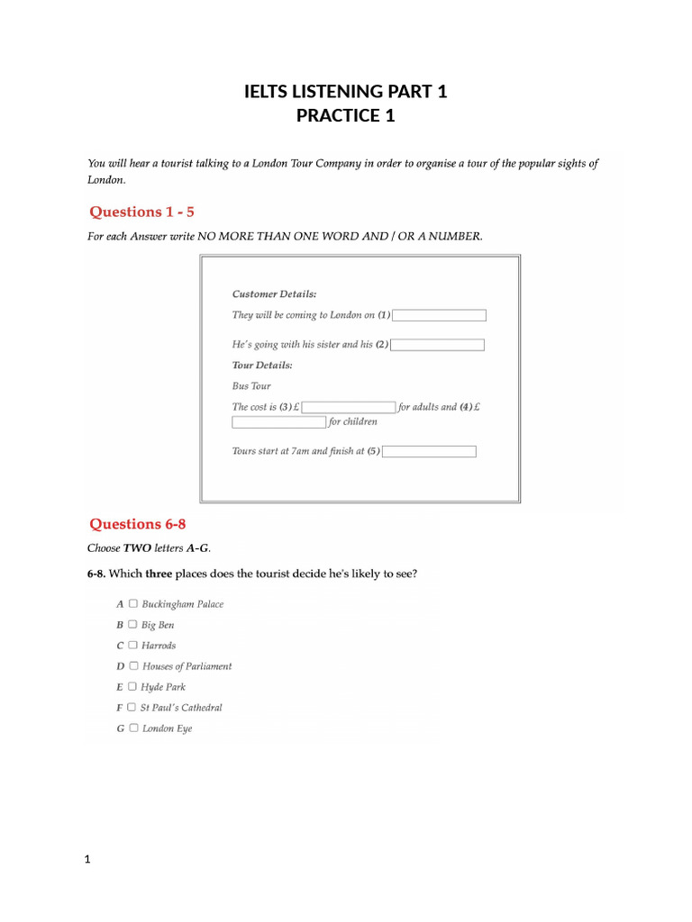 Ielts Listening Part 1 Practice | PDF