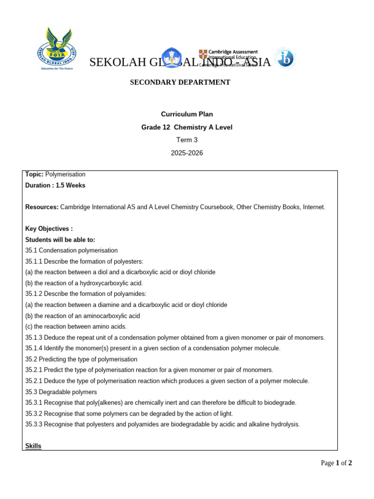 Grade 12 Chemistry Curriculum: Polymerisation | PDF | Polymerization ...