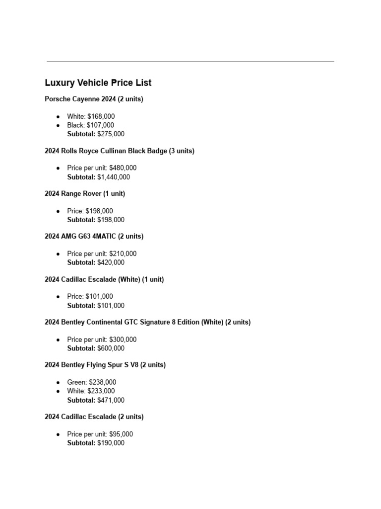 Luxury Vehicles Price List Mr Diallo | PDF