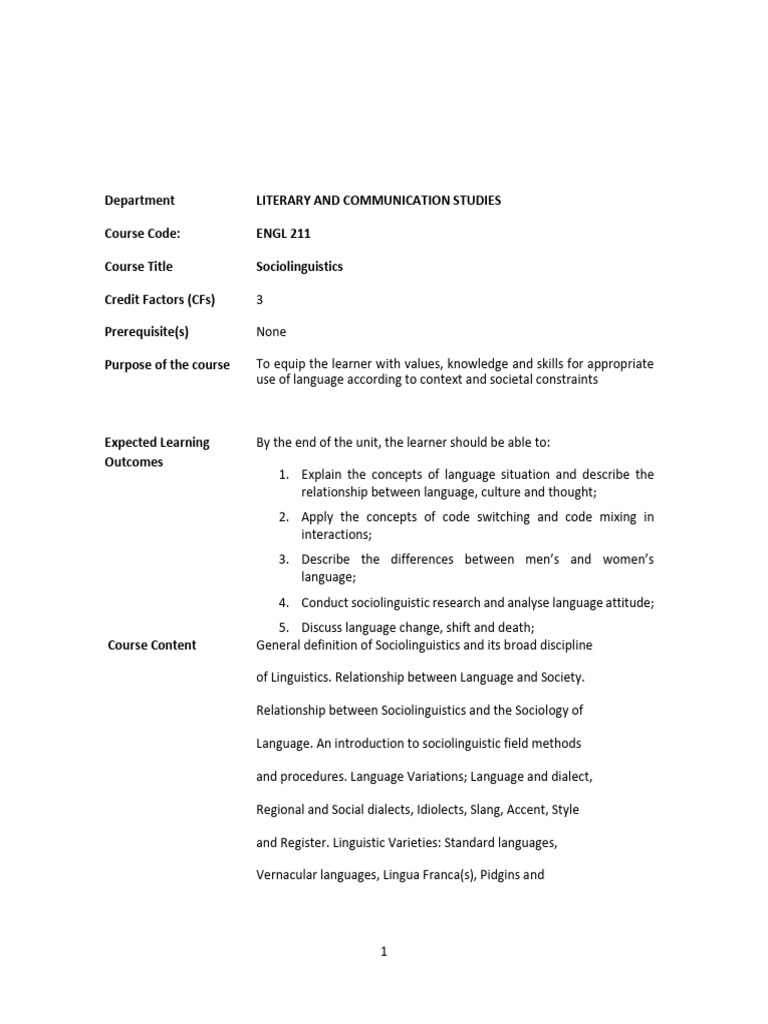 Sociolinguistics Course Outline | PDF | Sociolinguistics | Linguistics