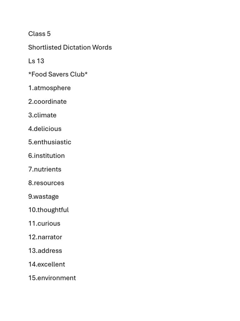 Shortlisted Dictation Words Class 5 | PDF