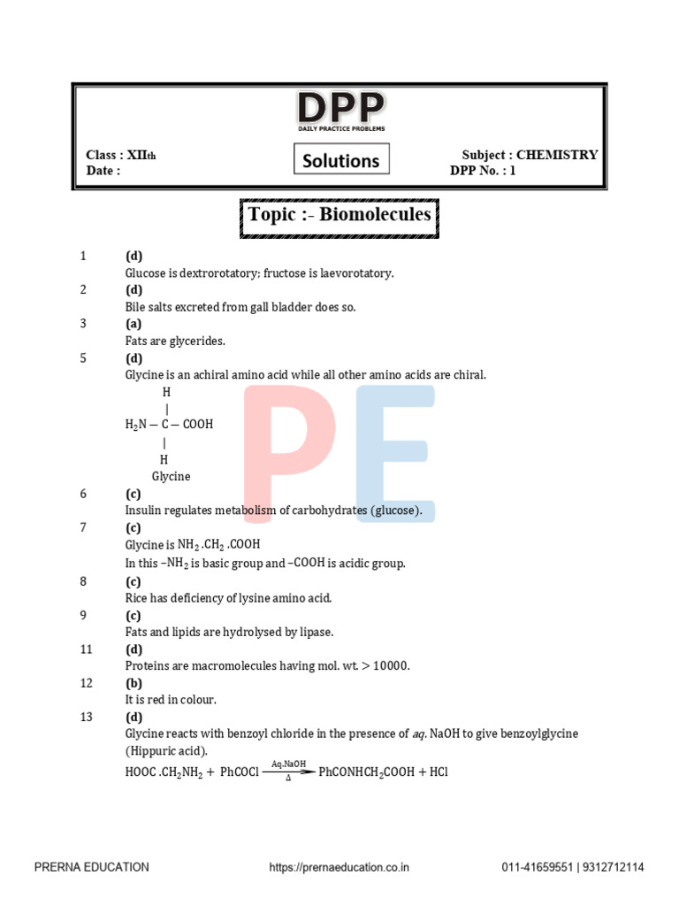 Biomolecules DPP 1 Solutions | PDF | Glucose | Biomolecules