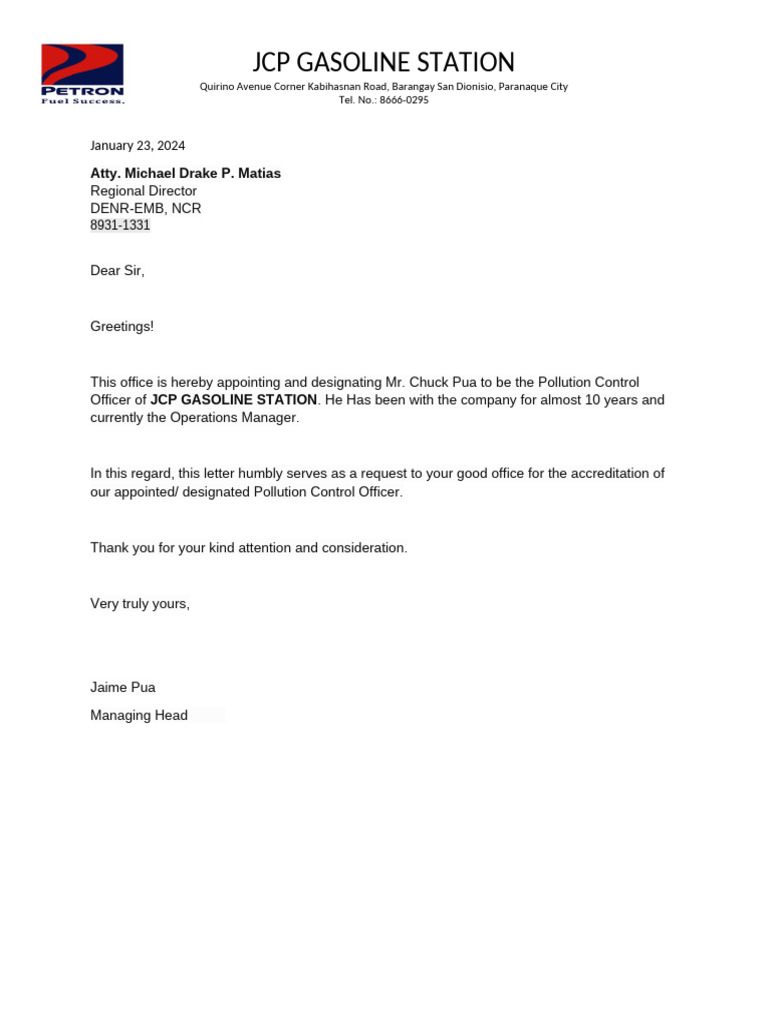 JCP Gasoline Station Pollution Control Officer Appointment | PDF