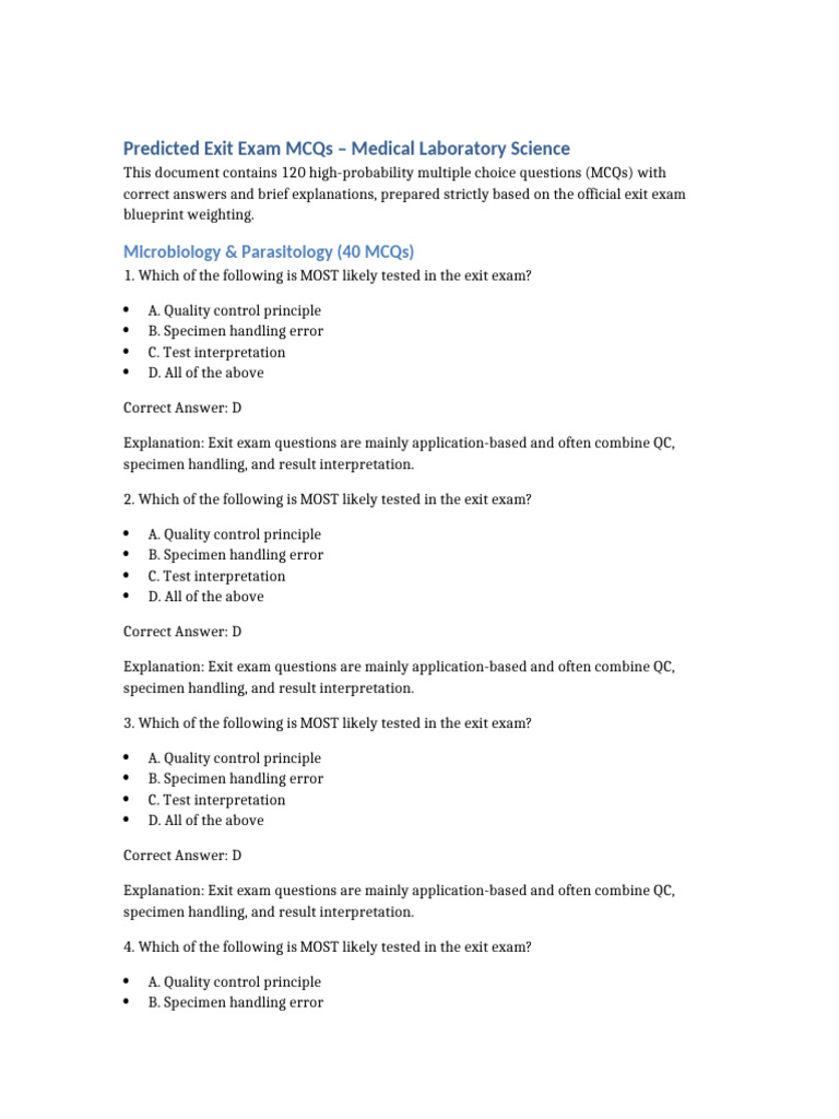 Medical Lab Science Exit Exam MCQs | PDF | Multiple Choice | Medical ...