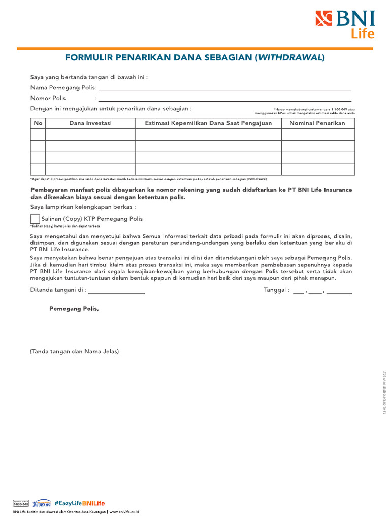 Form Penarikan Dana Sebagian (Withdrawl) | PDF