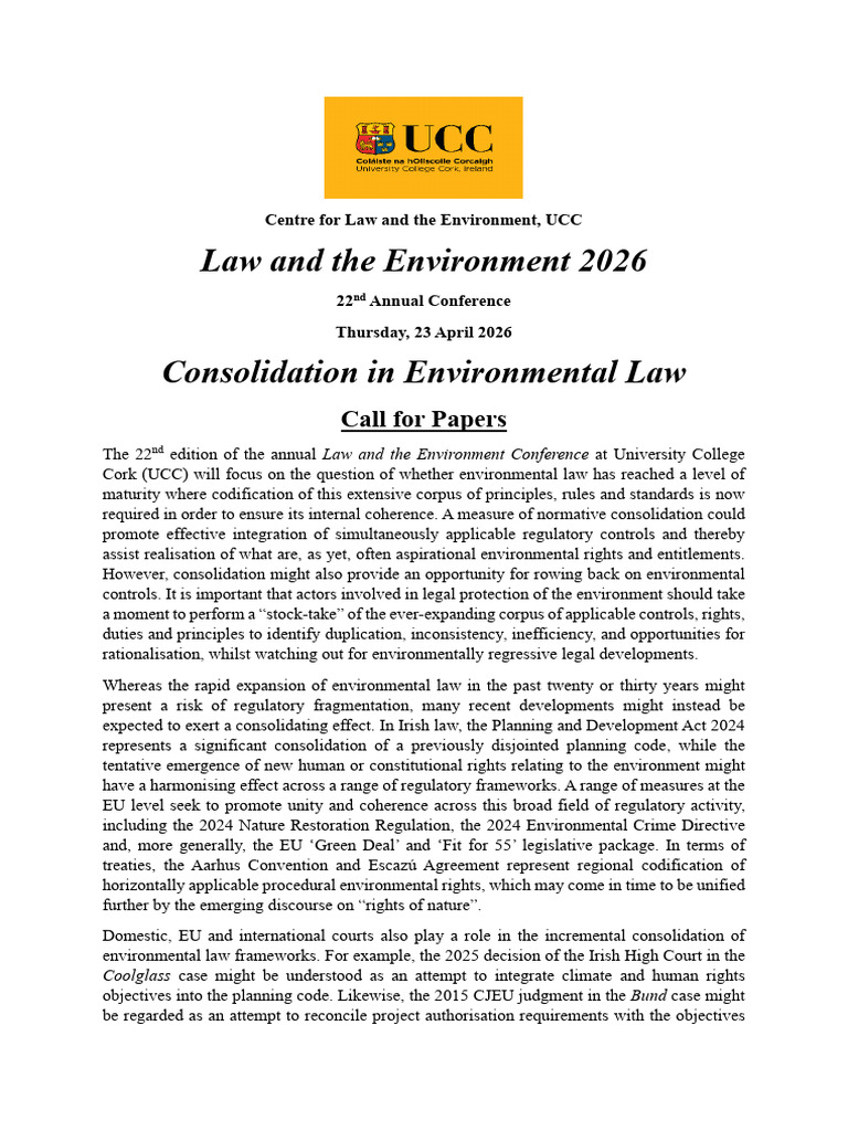 Call for Papers: UCC Environmental Law 2026 | PDF | Environmental Law ...