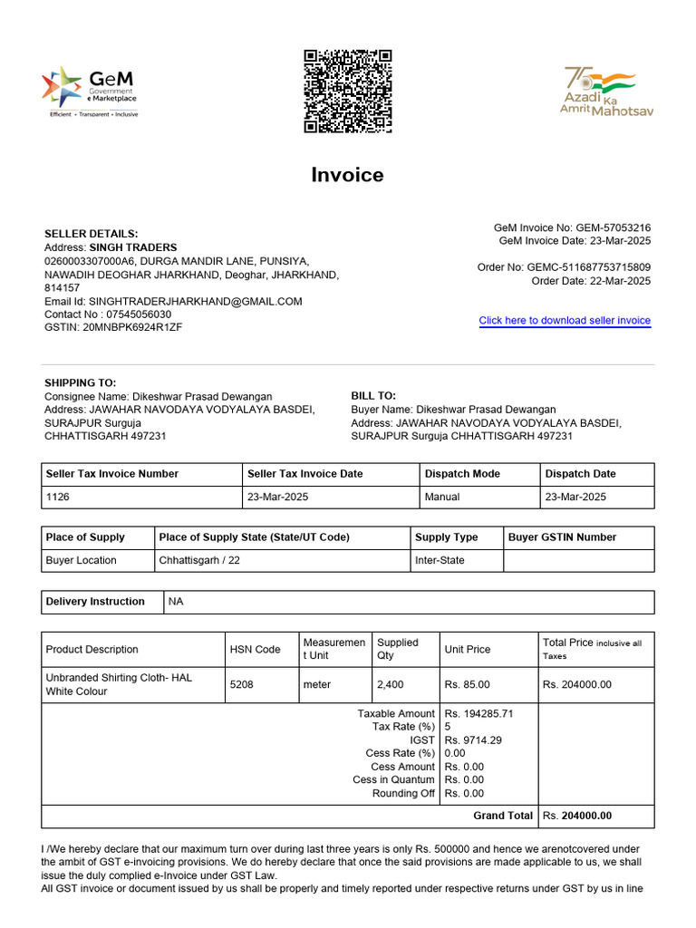 GST Invoice for Unbranded Shirting Cloth | PDF | Invoice | Taxes