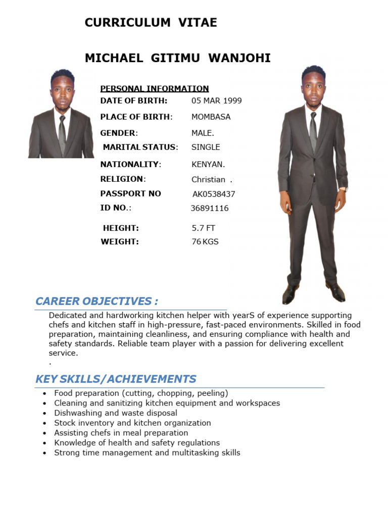 Michael Gitimu Wanjohi Kitchen Helper Cv | PDF | Chef | Kitchen