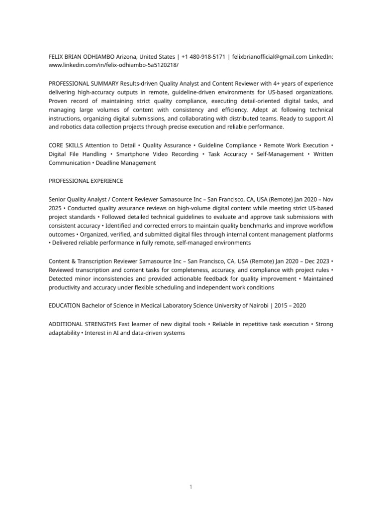 Felix Brian Odhiambo Data Recorder Cv Updated | PDF