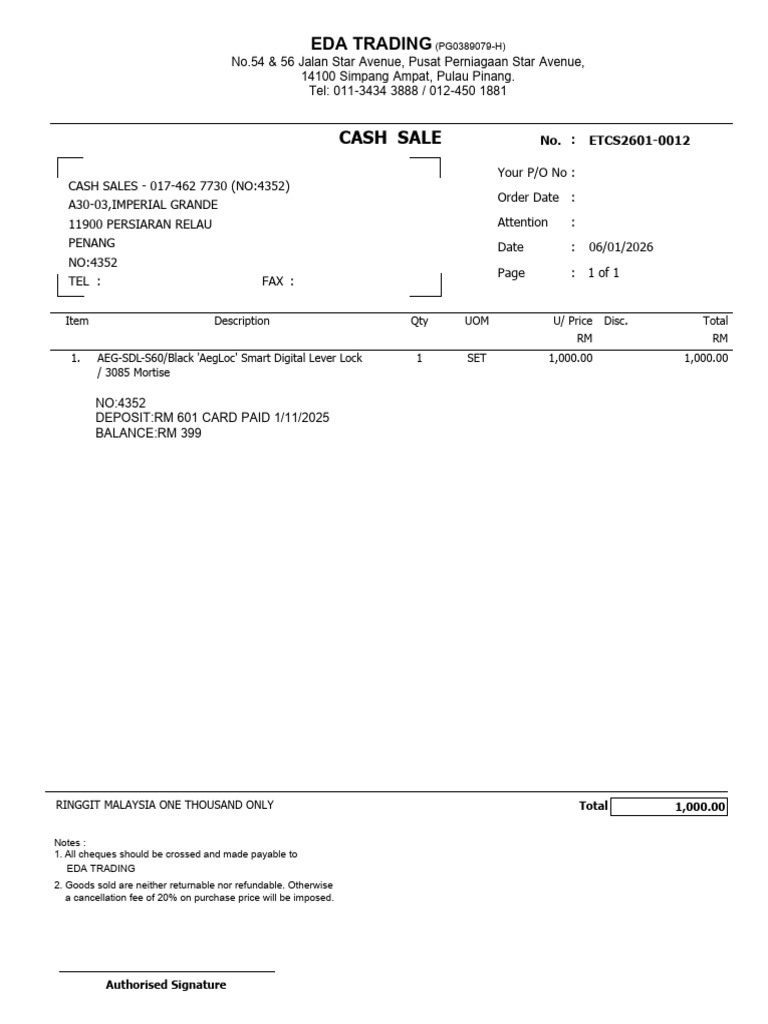 EDA Trading Cash Sale Invoice Details | PDF