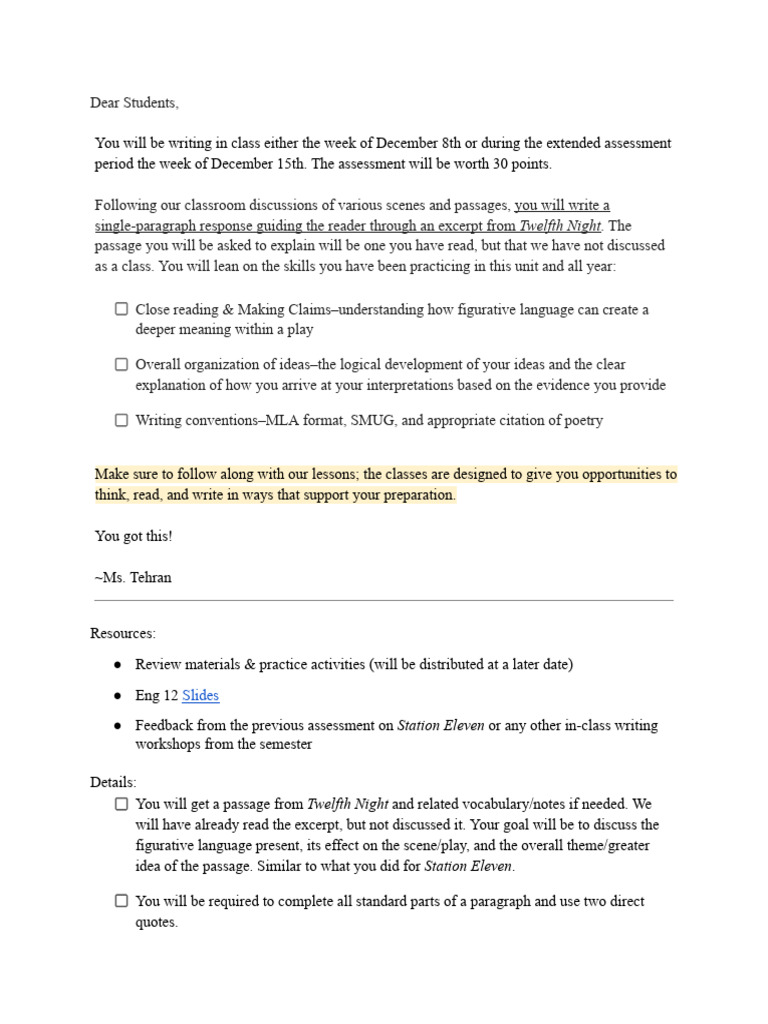 Twelfth Night Assessment Guidelines | PDF