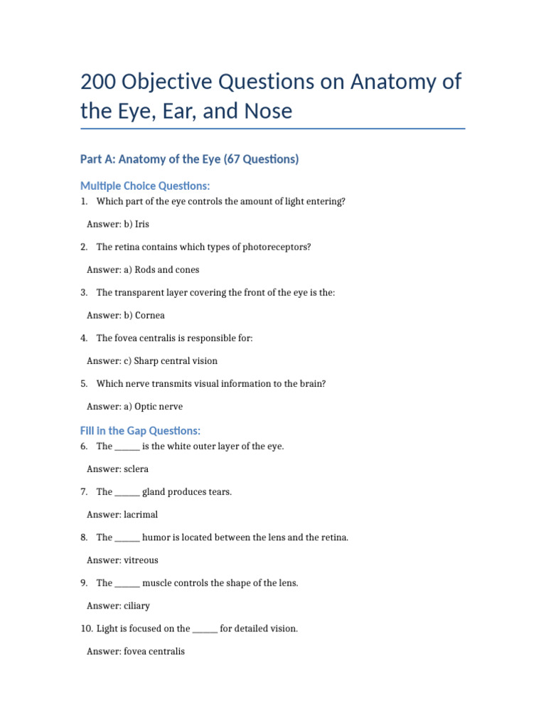200 Questions on Eye, Ear, Nose Anatomy | PDF | Human Nose | Ear