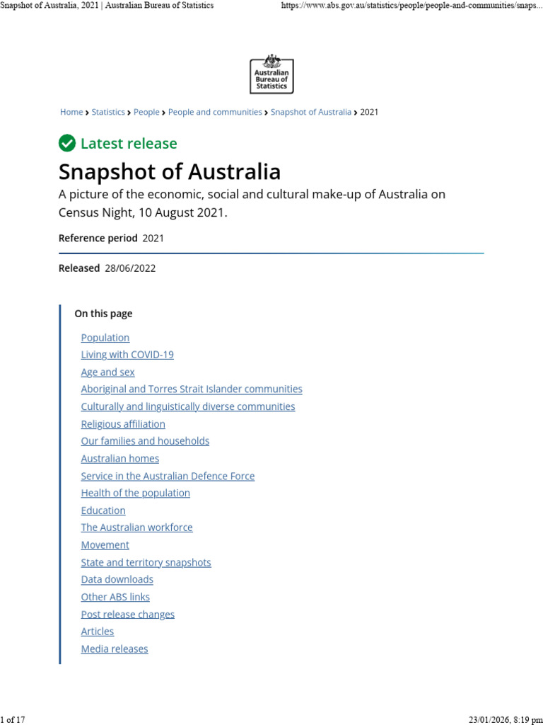 Snapshot of Australia, 2021 _ Australian Bureau of Statistics | PDF ...