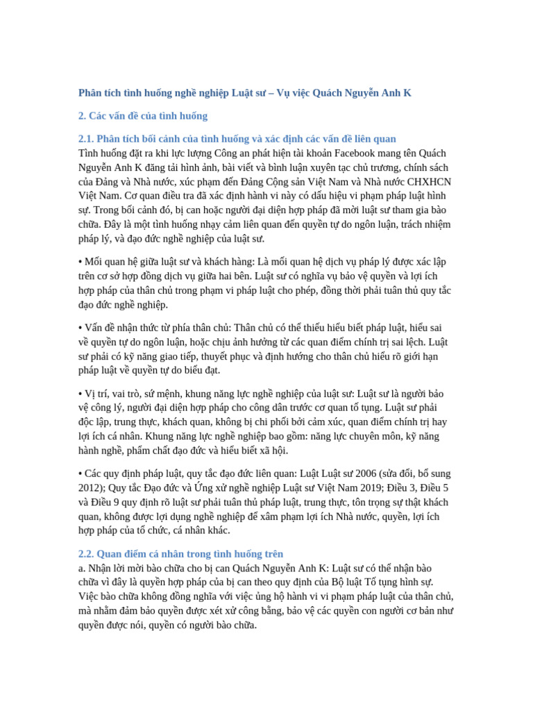 Phan Tich Tinh Huong Luat Su Quach Nguyen Anh K | PDF