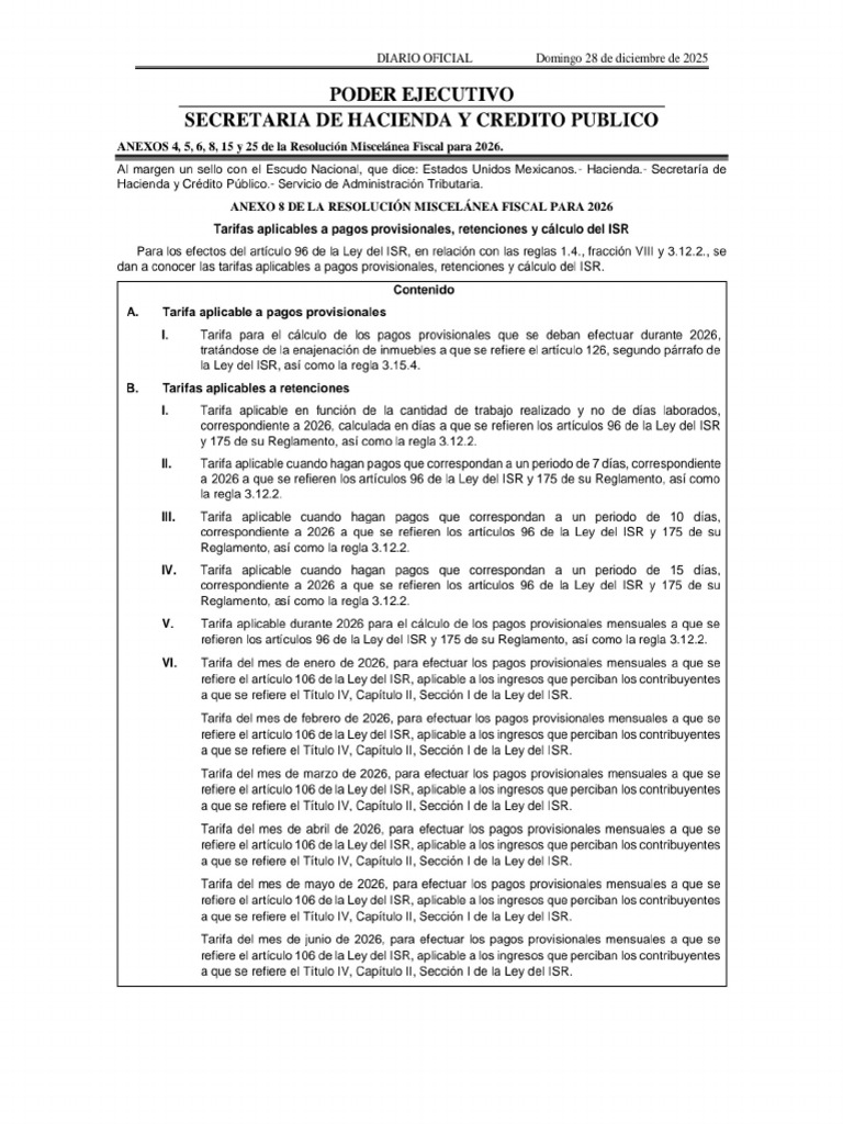 Anexo 8 RMF 2026 - DOF 28122025 | PDF