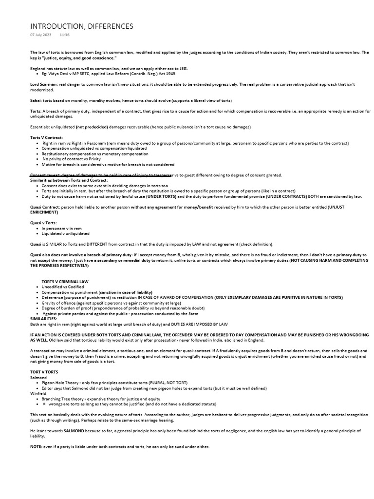 Viraj Thakur Torts Class Notes 2023-24 (2) | PDF | Negligence | Tort