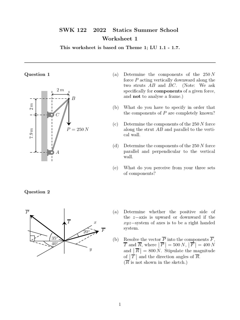 Statics Worksheet: Force Components Analysis | PDF | Euclidean Vector ...