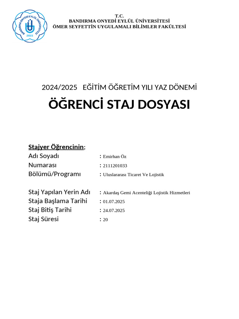 Ek 4 Staj Defteri Kapak(1) (2) | PDF