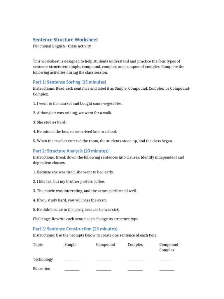 Sentence Structure Practice Worksheet | PDF | Sentence (Linguistics)