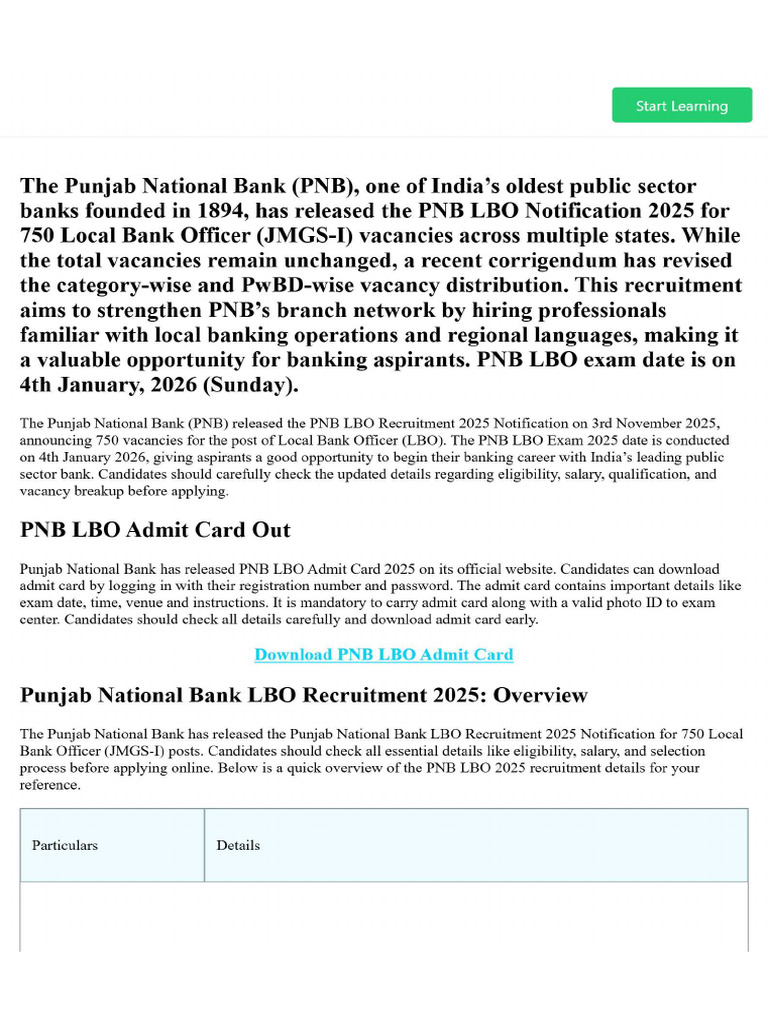 PNB LBO Recruitment 2025exam Info | PDF