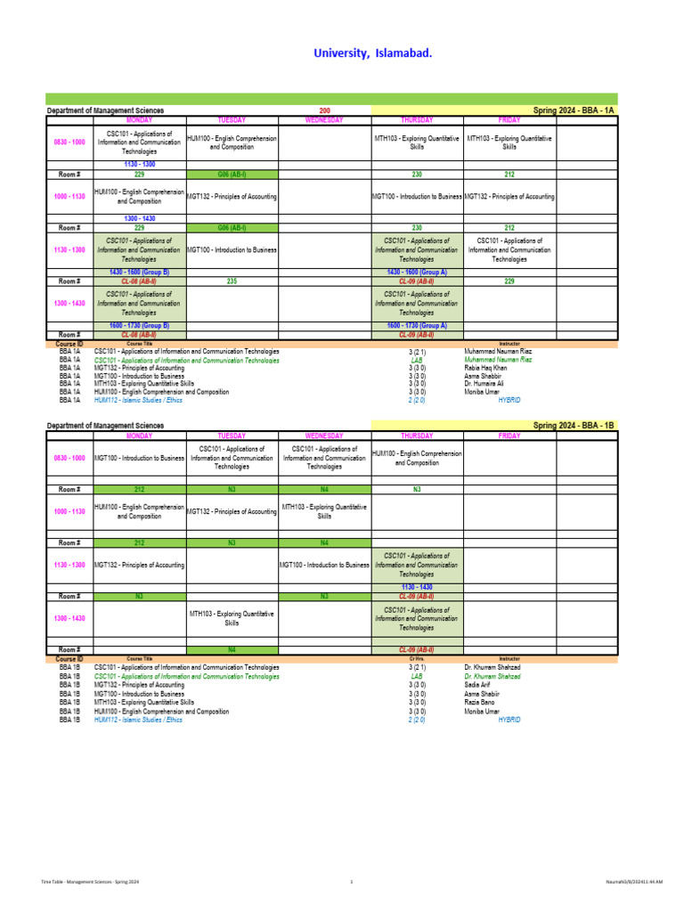 Time Table - BS & MS - Management Sciences - Spring 2024 (1) | PDF ...