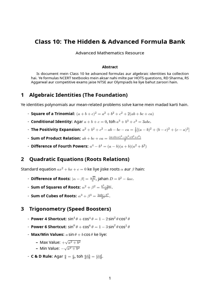 Class 10 Advanced Math Formulas Guide | PDF | Quadratic Equation ...