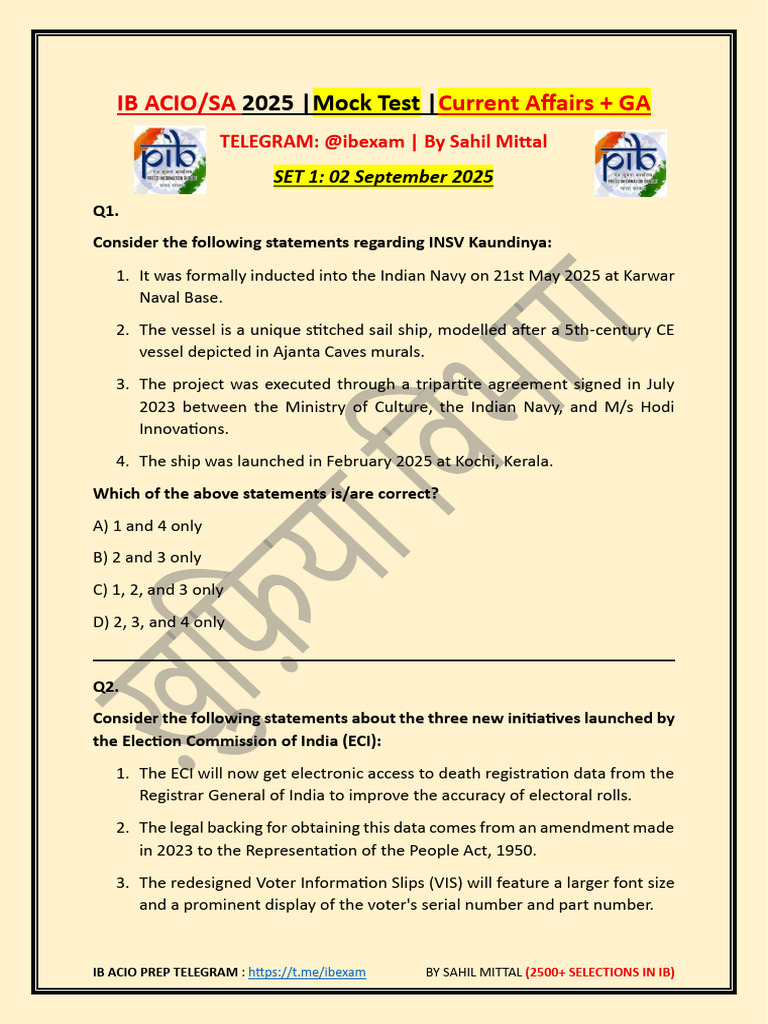 IB ACIO 2025 Mock Test Questions | PDF