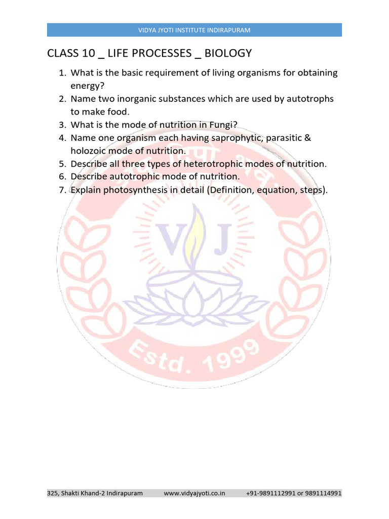 CLASS 10_life Processes_worksheet 1 | PDF
