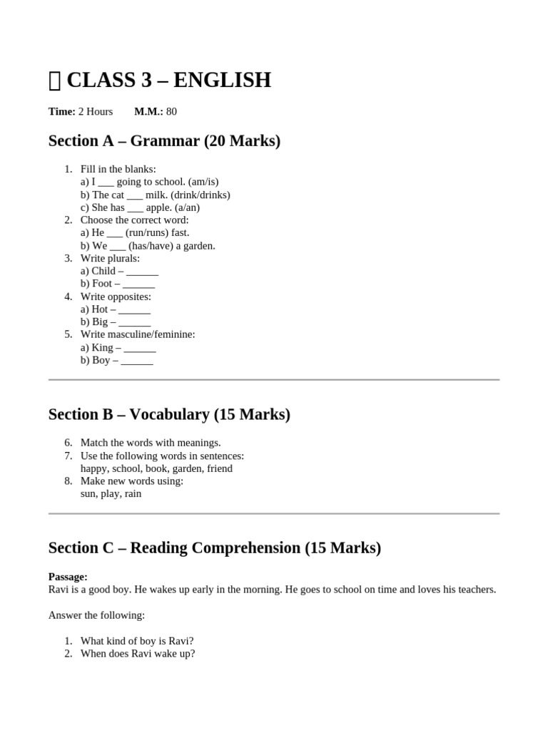 ? Class 3 Eng Test | PDF | Grammatical Gender | Linguistic Morphology