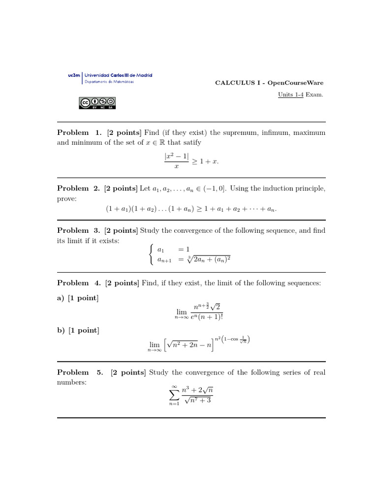 Calculus I Exam: Supremum, Sequences, Limits | PDF | Sequence ...