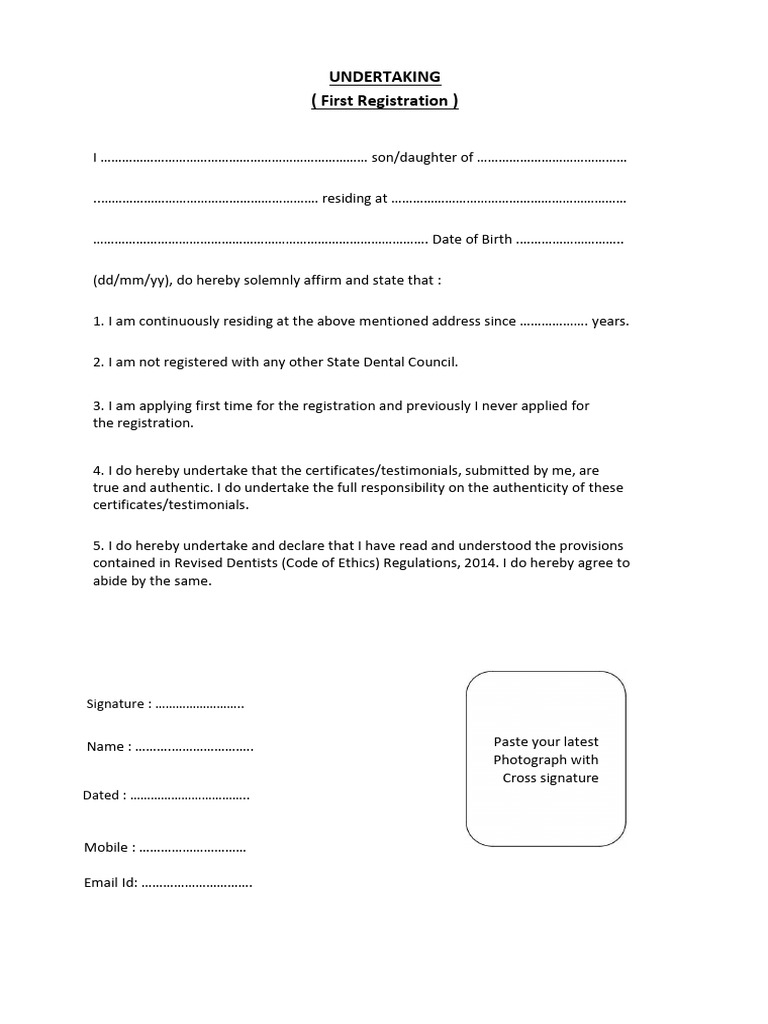 First Registration Undertaking for Dentists | PDF