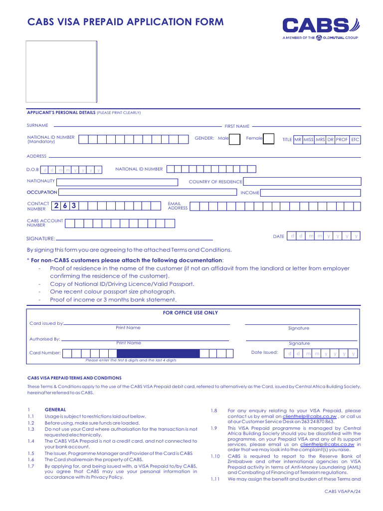 CABS Visa Prepaid Application Form | PDF | Debit Card | Visa Inc.