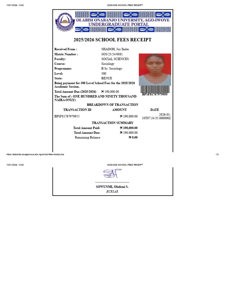 2025/2026 School Fees Receipt for Sociology | PDF | Payments ...