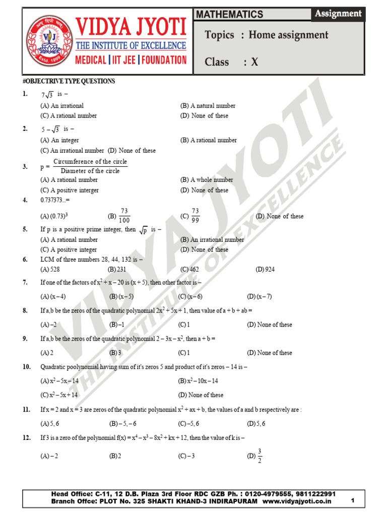 Mathematics Objective and Subjective Questions | PDF | Polynomial | Numbers