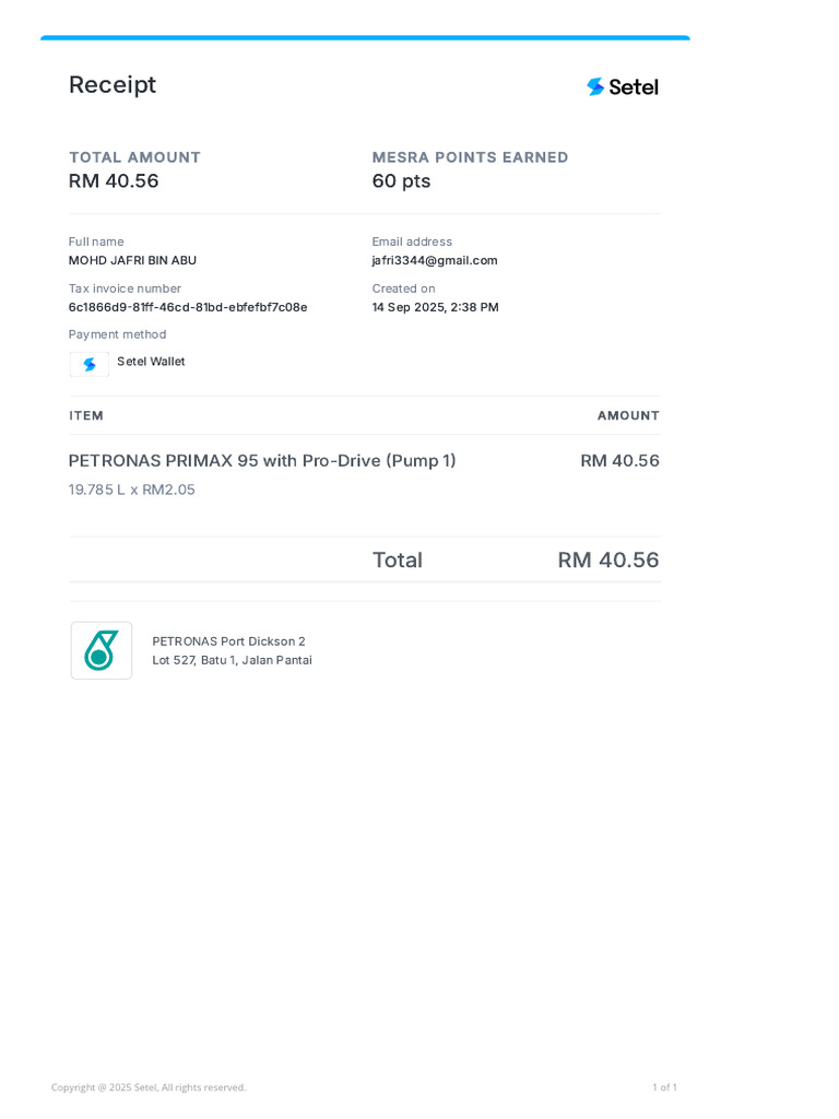 Setel Wallet Receipt for Fuel Purchase | PDF