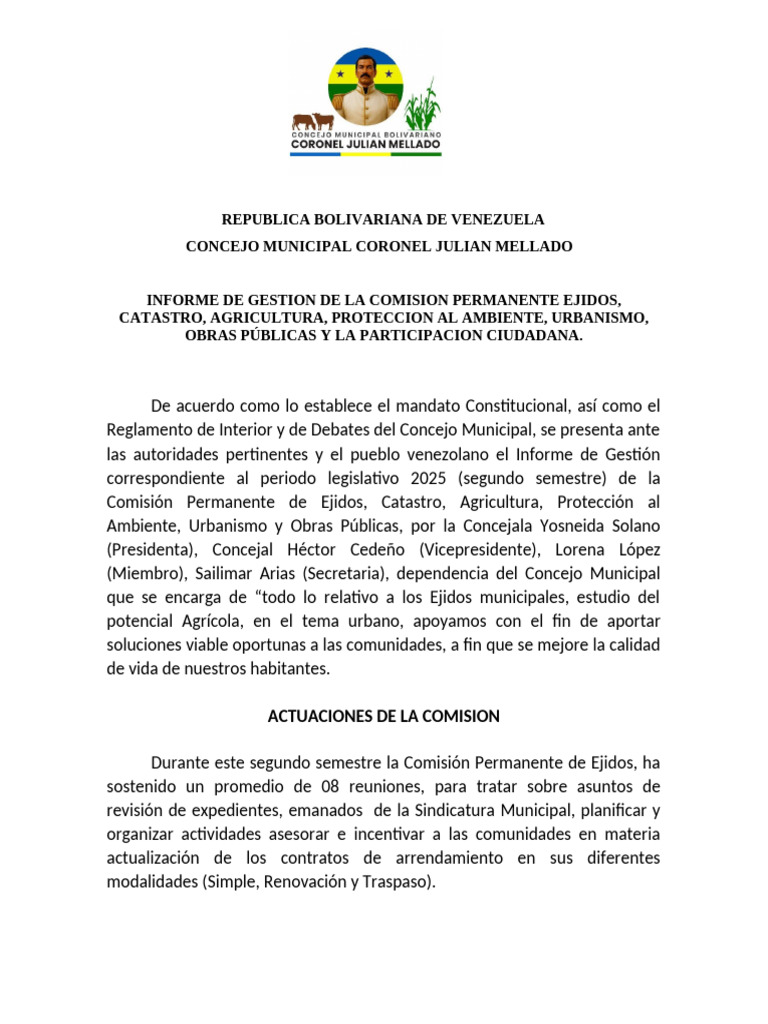 Informe comisión de ejidos 2025(1) | PDF | Alcalde | Venezuela