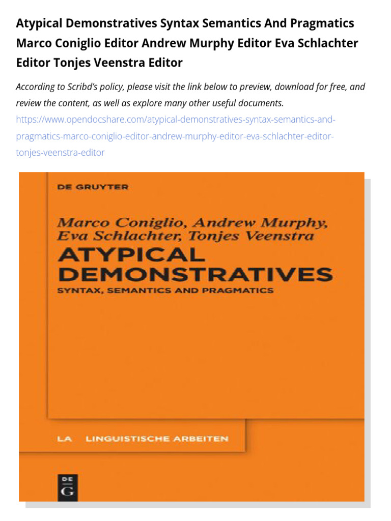 Atypical Demonstratives Syntax Semantics And Pragmatics Marco Coniglio ...