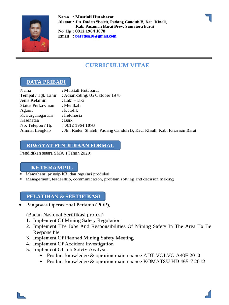 CV Mustiali Hutabarat: Operator ADT Berpengalaman | PDF