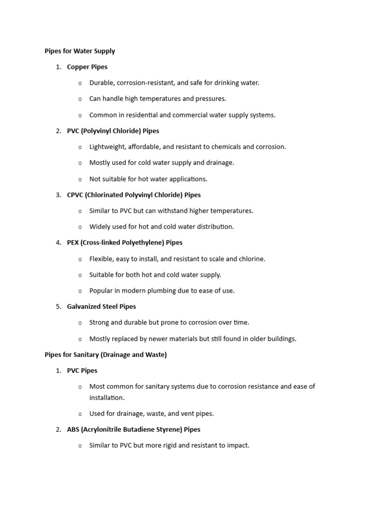 Types of Pipes for Water Supply & Drainage | PDF