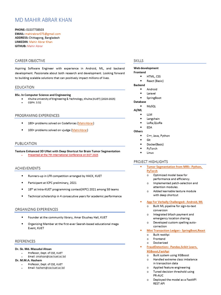 Mahir Abrar Khan Cv Ai Ml (1) | PDF | Software | Software Development