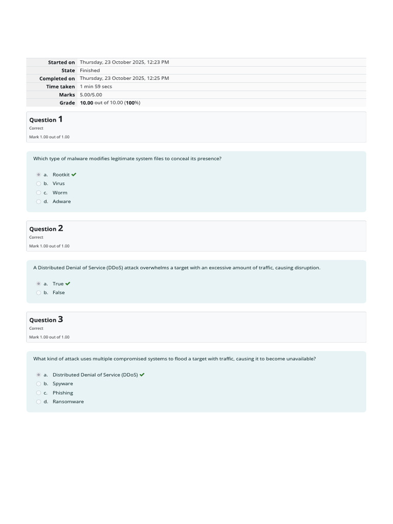 Malware and Cybersecurity Quiz Insights | PDF