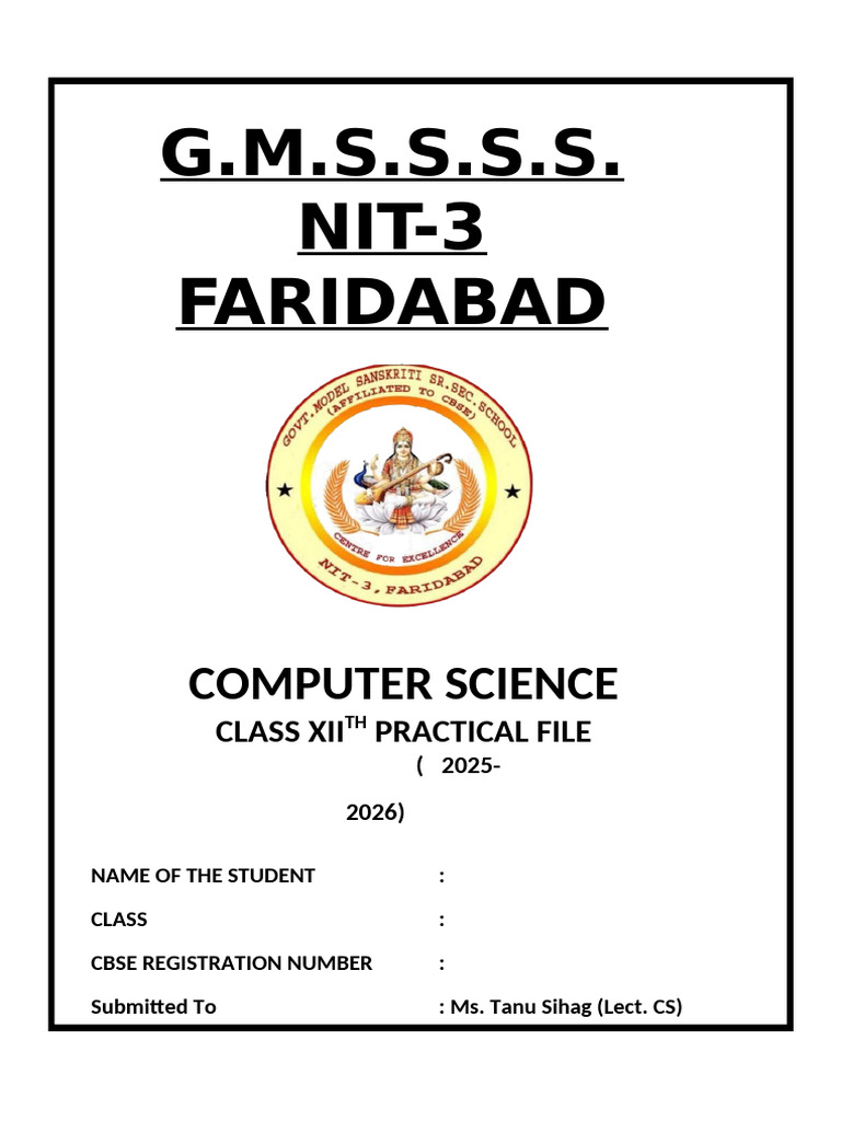 12th Practical File Front Page | PDF