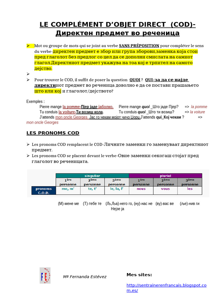 Comprendre le Complément d'Objet Direct | PDF | Pronom | Complément d'objet