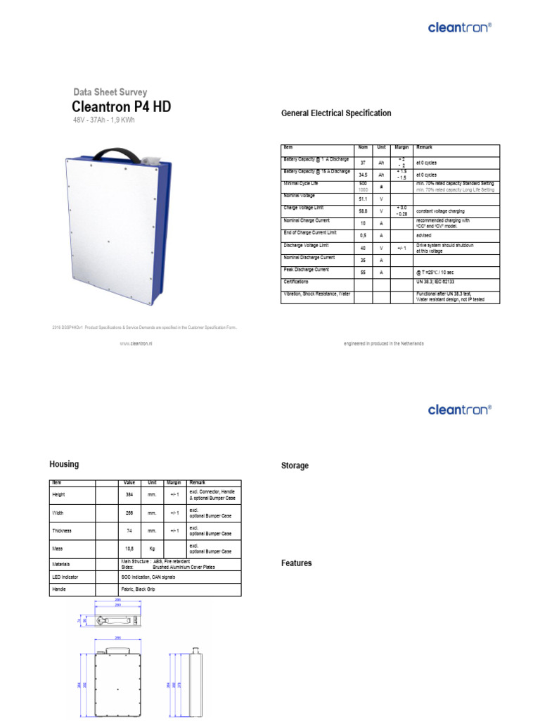 Cleantron P4 HD 48V Battery Specs | PDF | Electric Power | Electrical ...