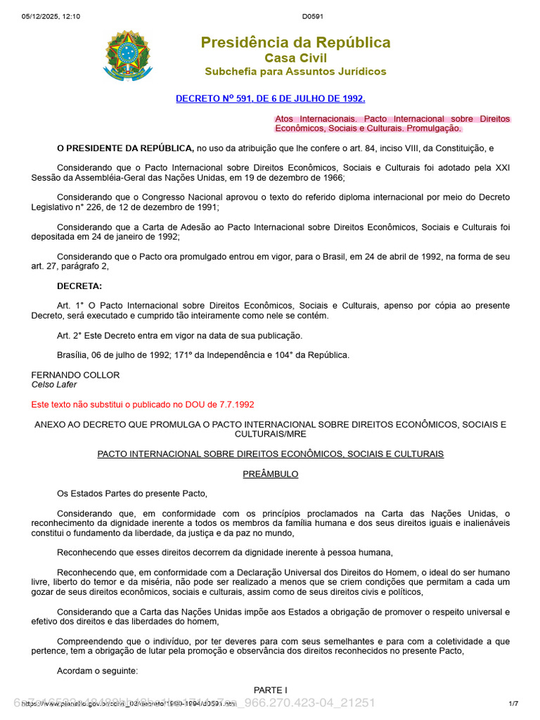 c4297 20 Pacto Internacional de Direitos Economicos Sociais e Culturais Decreto No 591 1992 ...